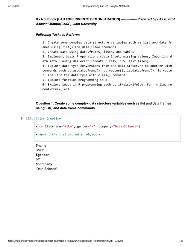 R programming lab 2 - jupyter notebook | PDF