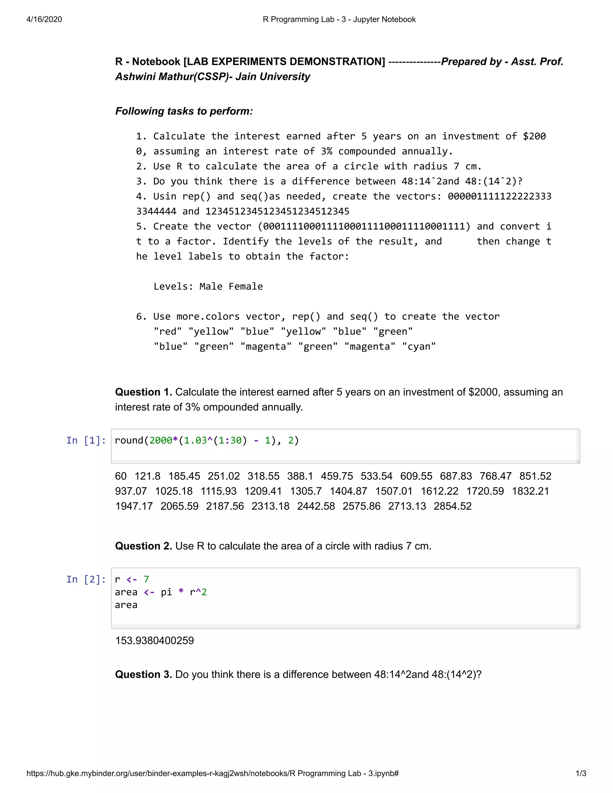R programming lab 3 - jupyter notebook | PDF