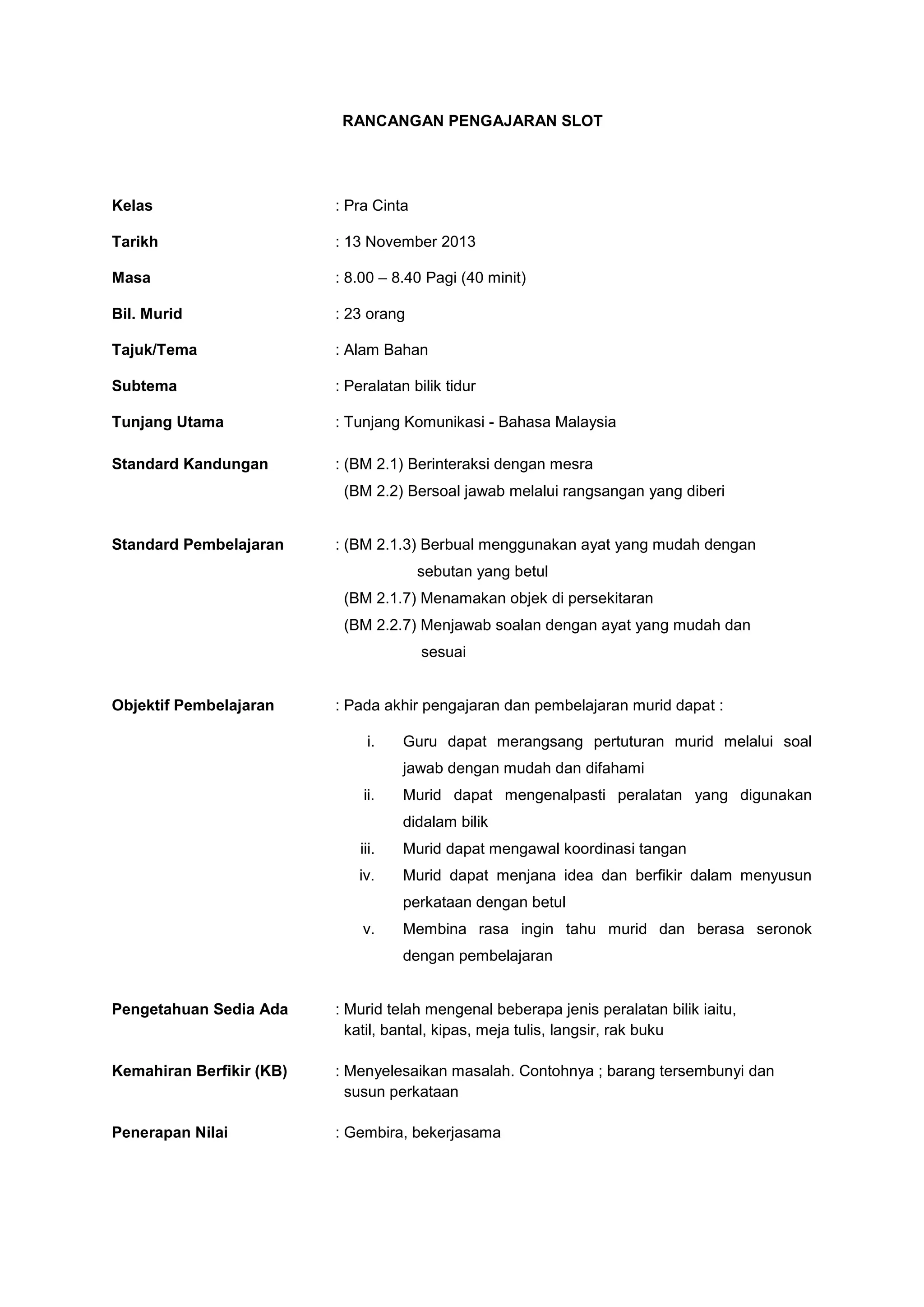 Rancangan pengajaran bahasa melayu prasekolah | DOCX