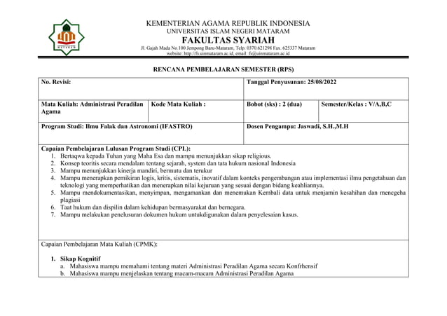 RPS ADMINSITRASI PERADILAN AGAMA untuk perguruan tinggi | PDF