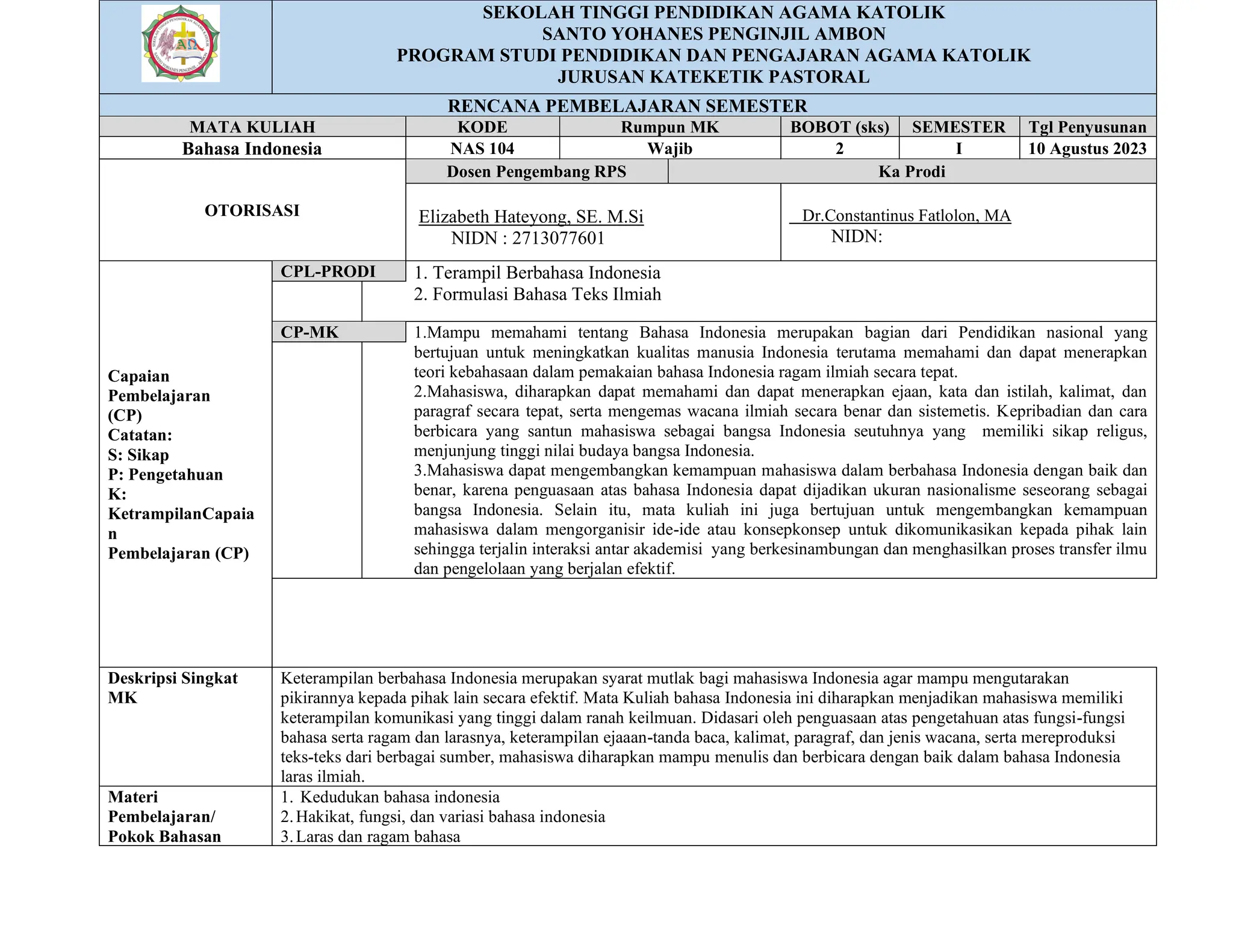Rencana Pembelajaran Semester Bahasa Indonesia | PDF