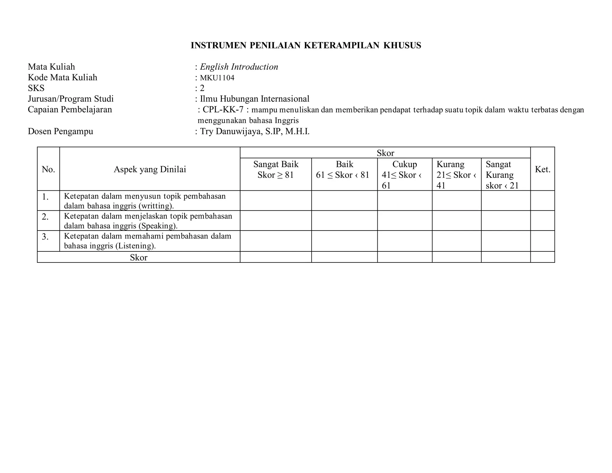 RPS ENGLISH Praktisi mengajar tahun 2021 sampai dengan tahun 2024 | PPT