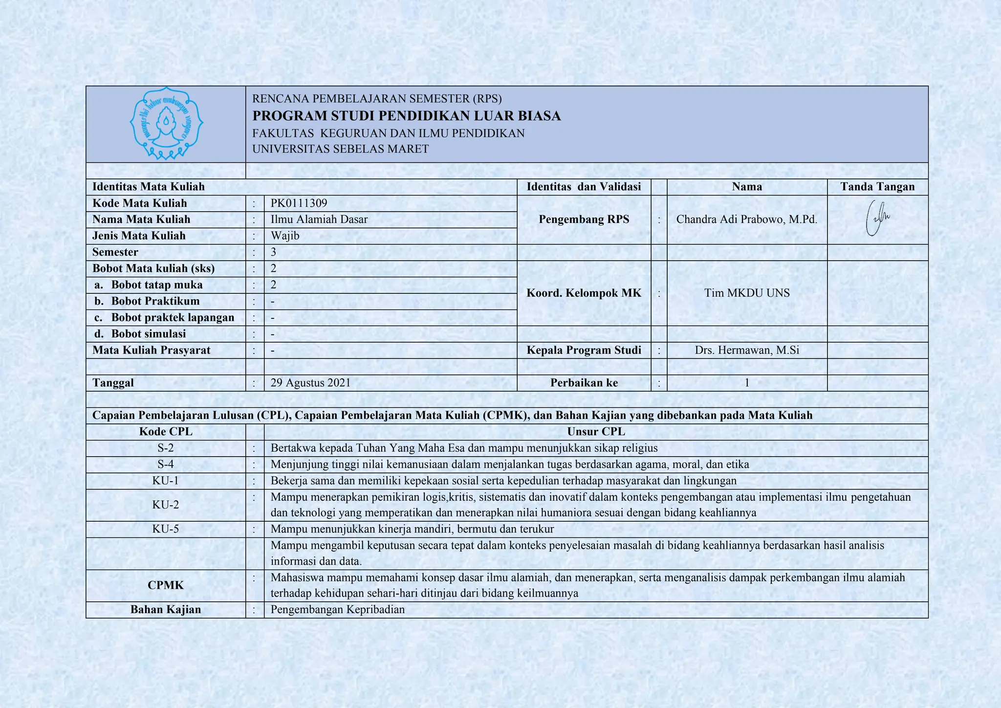 RPS Ilmu Alamiah Dasar contoh obe rps iad | PDF