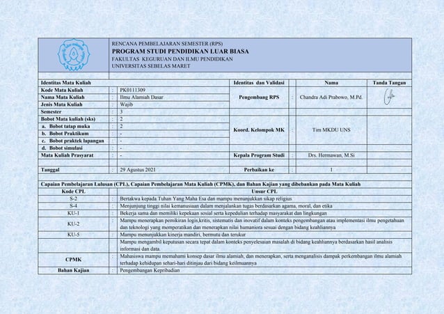 RPS Ilmu Alamiah Dasar contoh obe rps iad | PPT