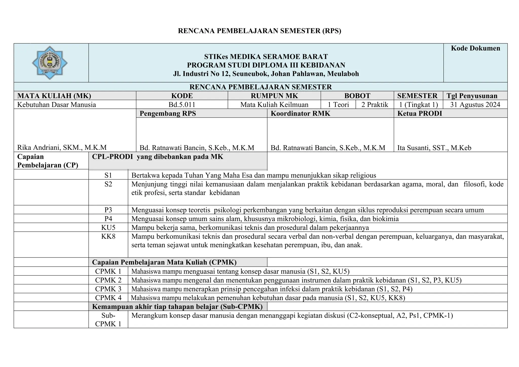 rencana pembelajaran kebutuhan dasar manusia | DOC