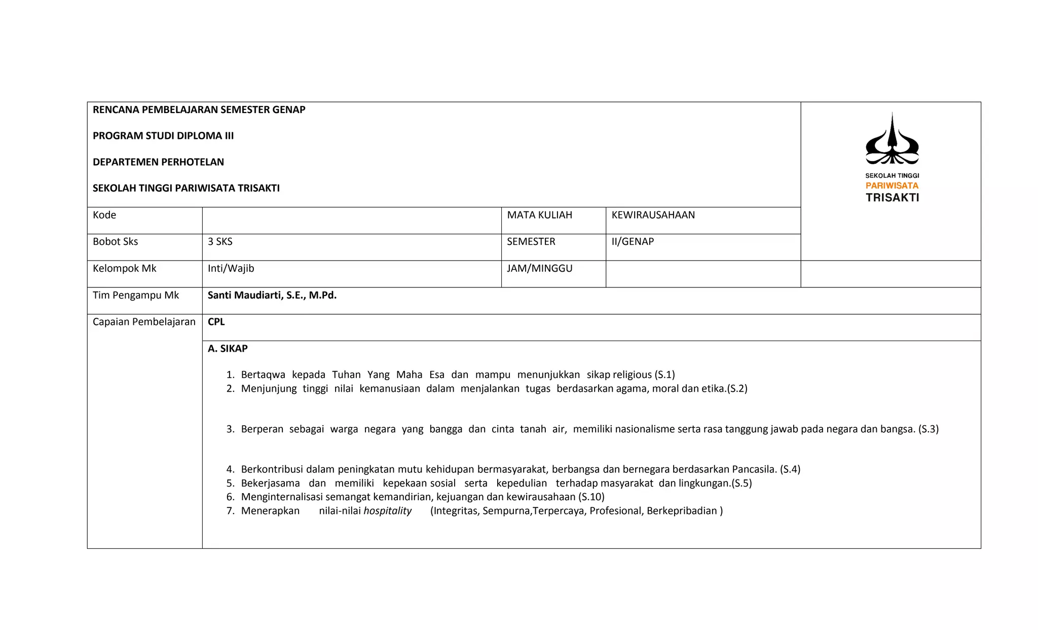 Rps kewirausahaan d3 | PDF