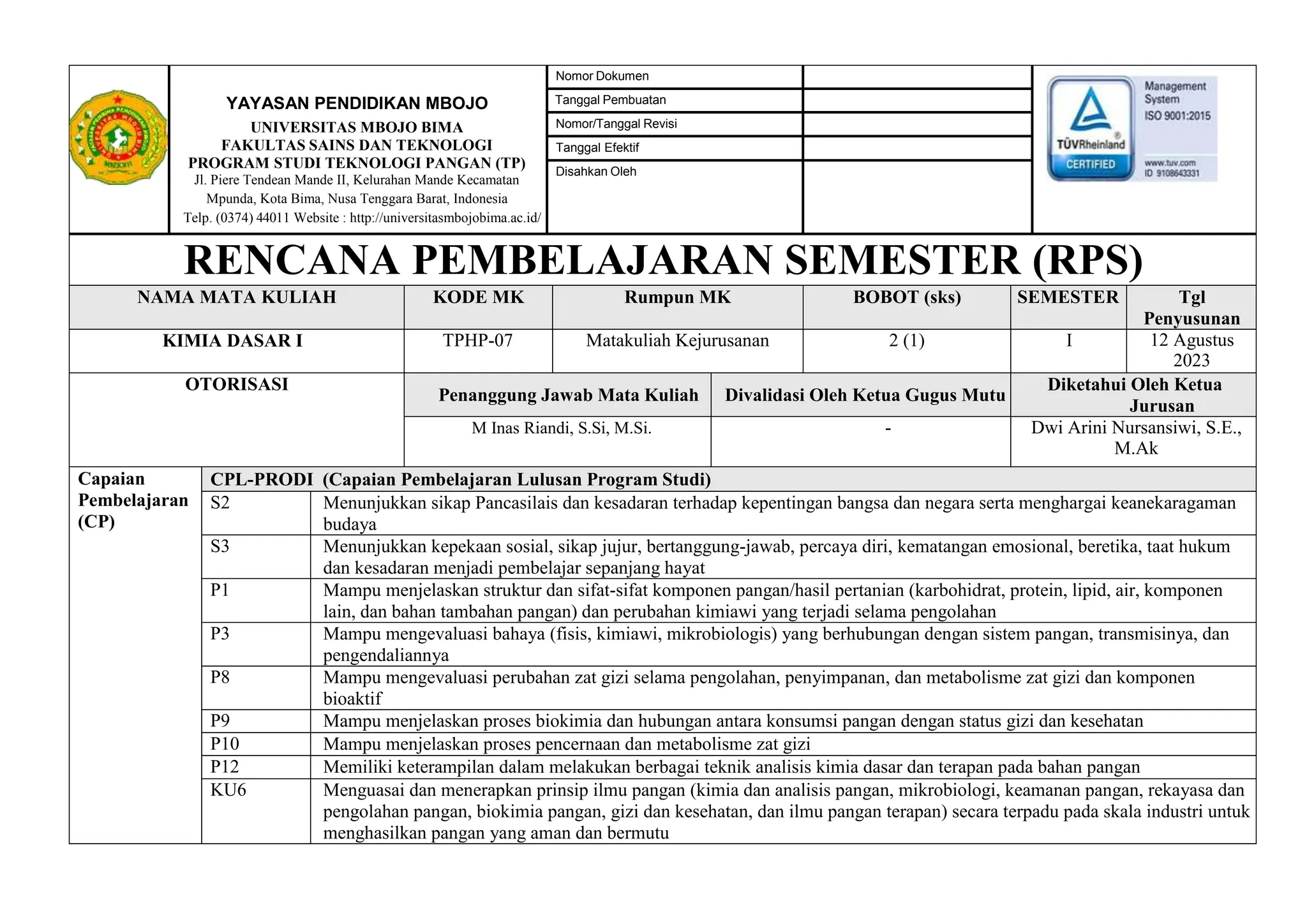 Rencana Pembelajaran Semester Kimia Dasar | DOCX