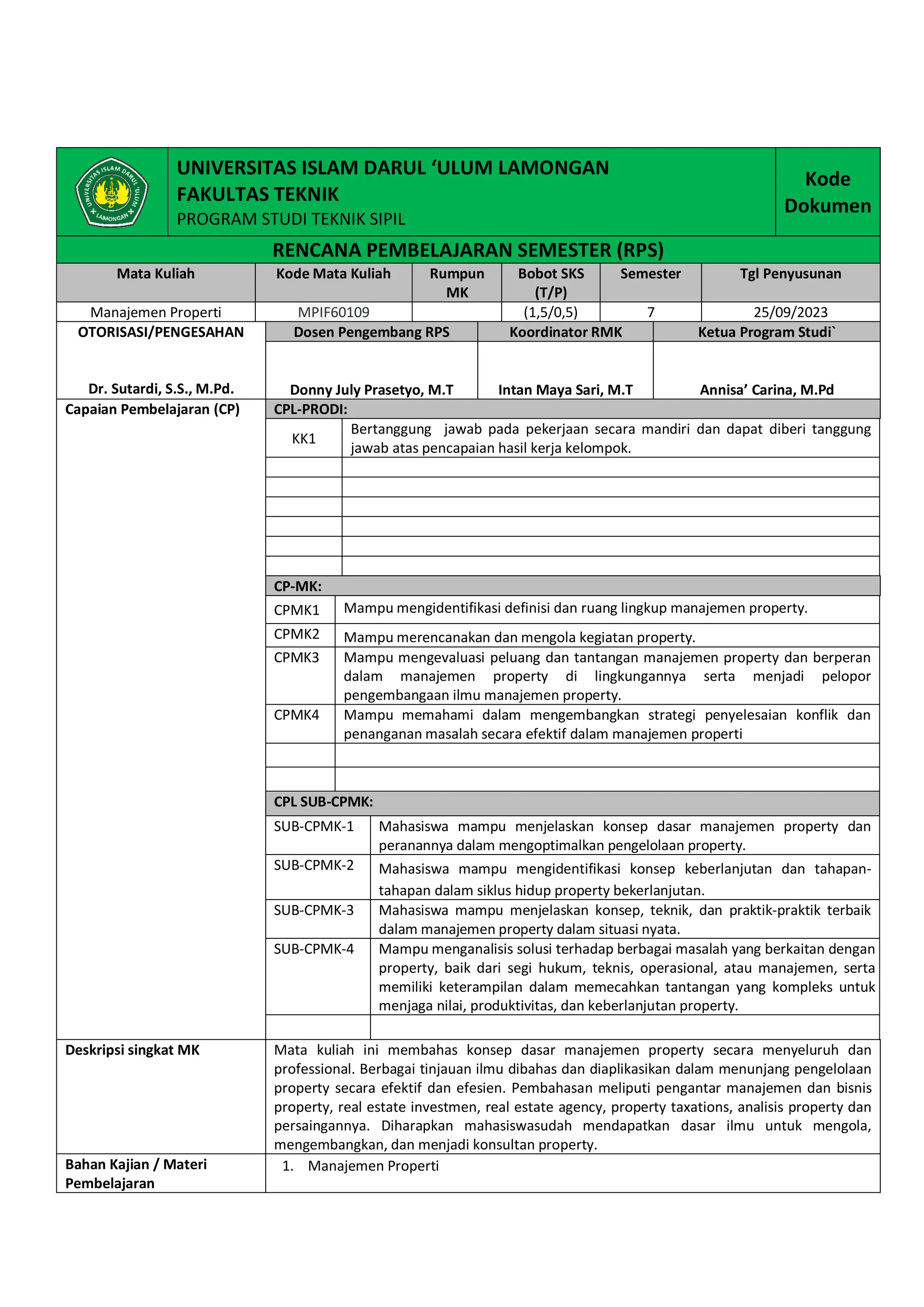RPS MANAJEMEN PROPERTI - TEKNIK SIPIL UNISDA.pdf