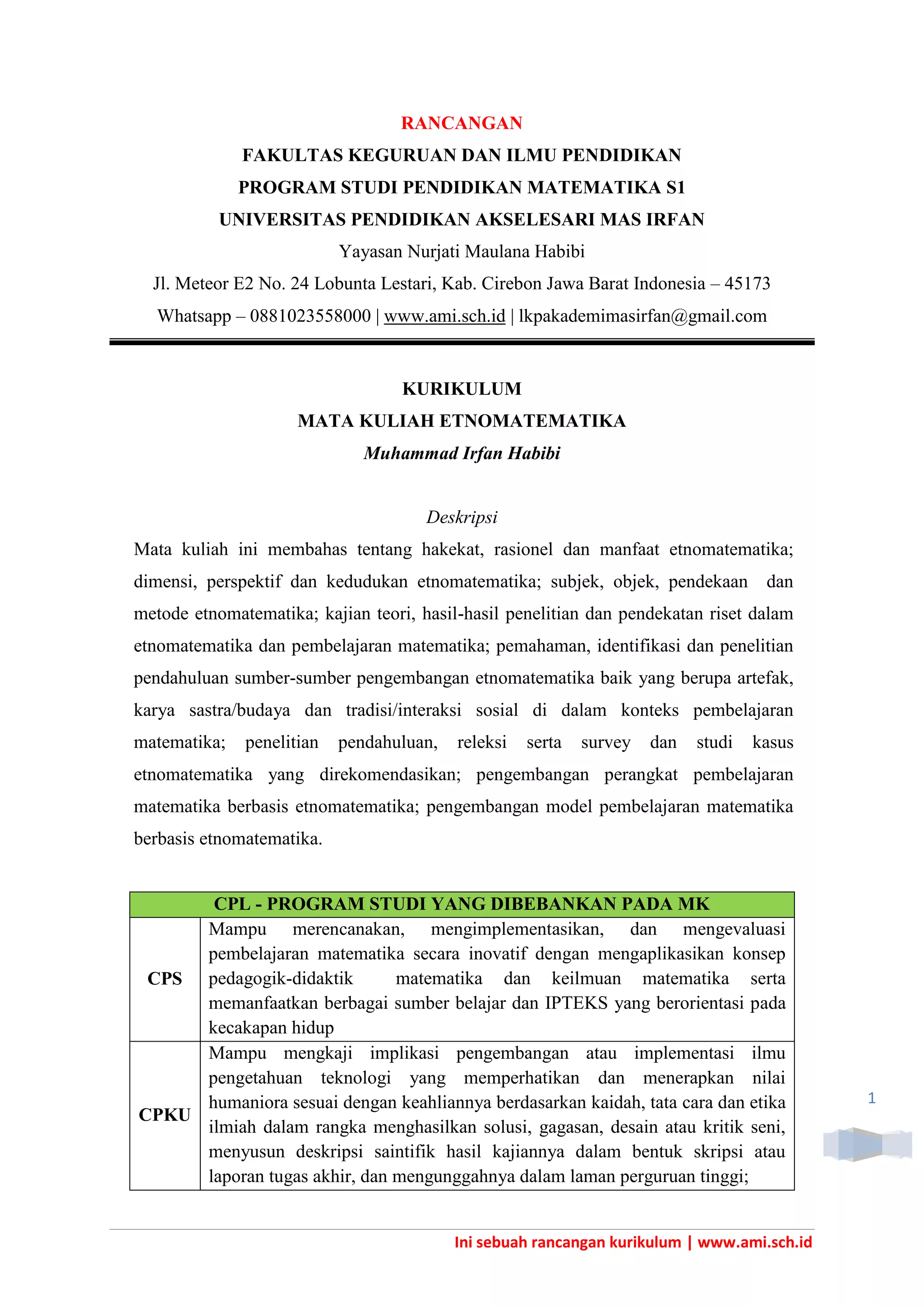 RPS MK Etnomatematika Pendidikan Matematika S1 | PDF