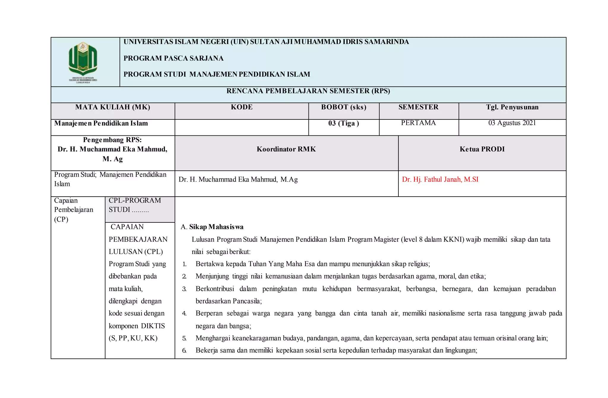 RPS MK Manajemen pendidikan ISlam IAIN samarinda.docx