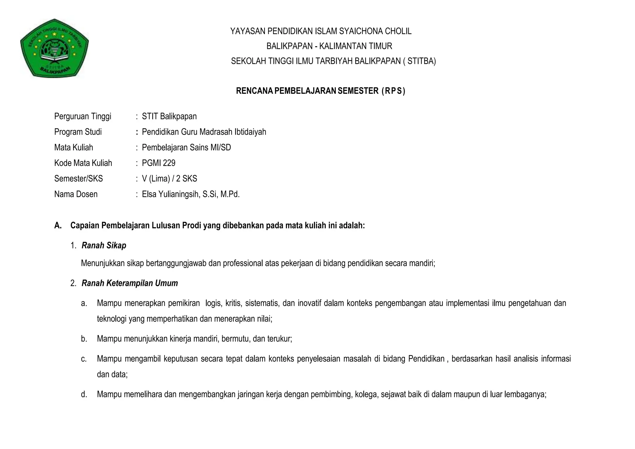 Rencana Pembelajaran Semeseter (RPS) Pembelajaran Sains.doc