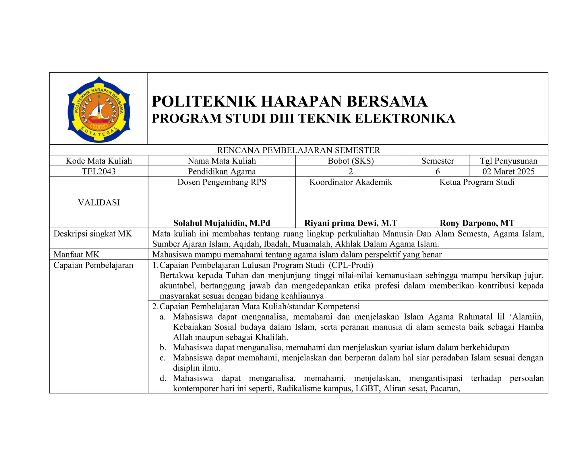 RPS Pendidikan Agama Islam semenster 2.doc