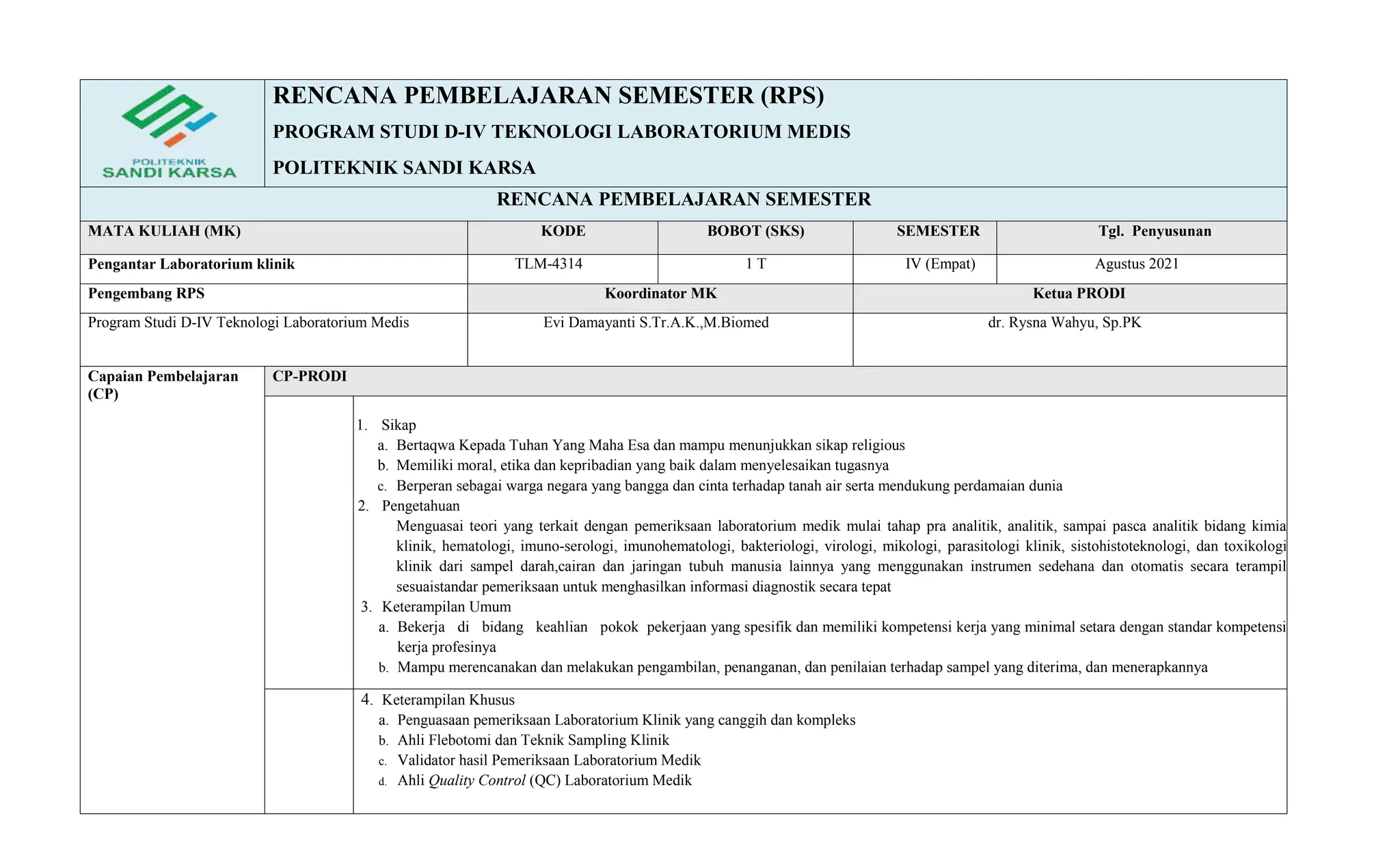 Rps mata kuliah pengantar laboratorium klinik.docx