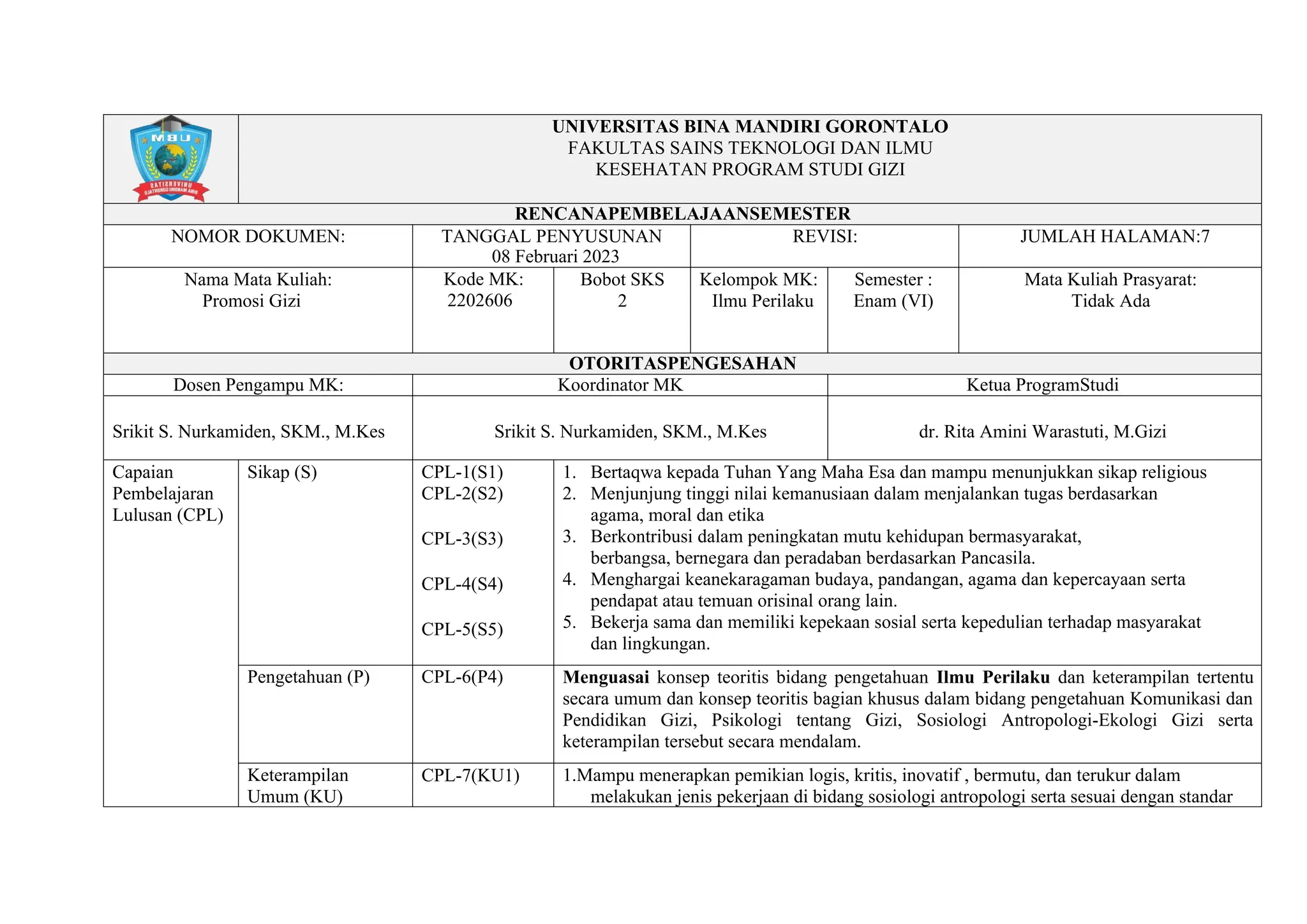 Rencana Pembelajaran Semester Mata Kuliah Promosi Gizi | PPT