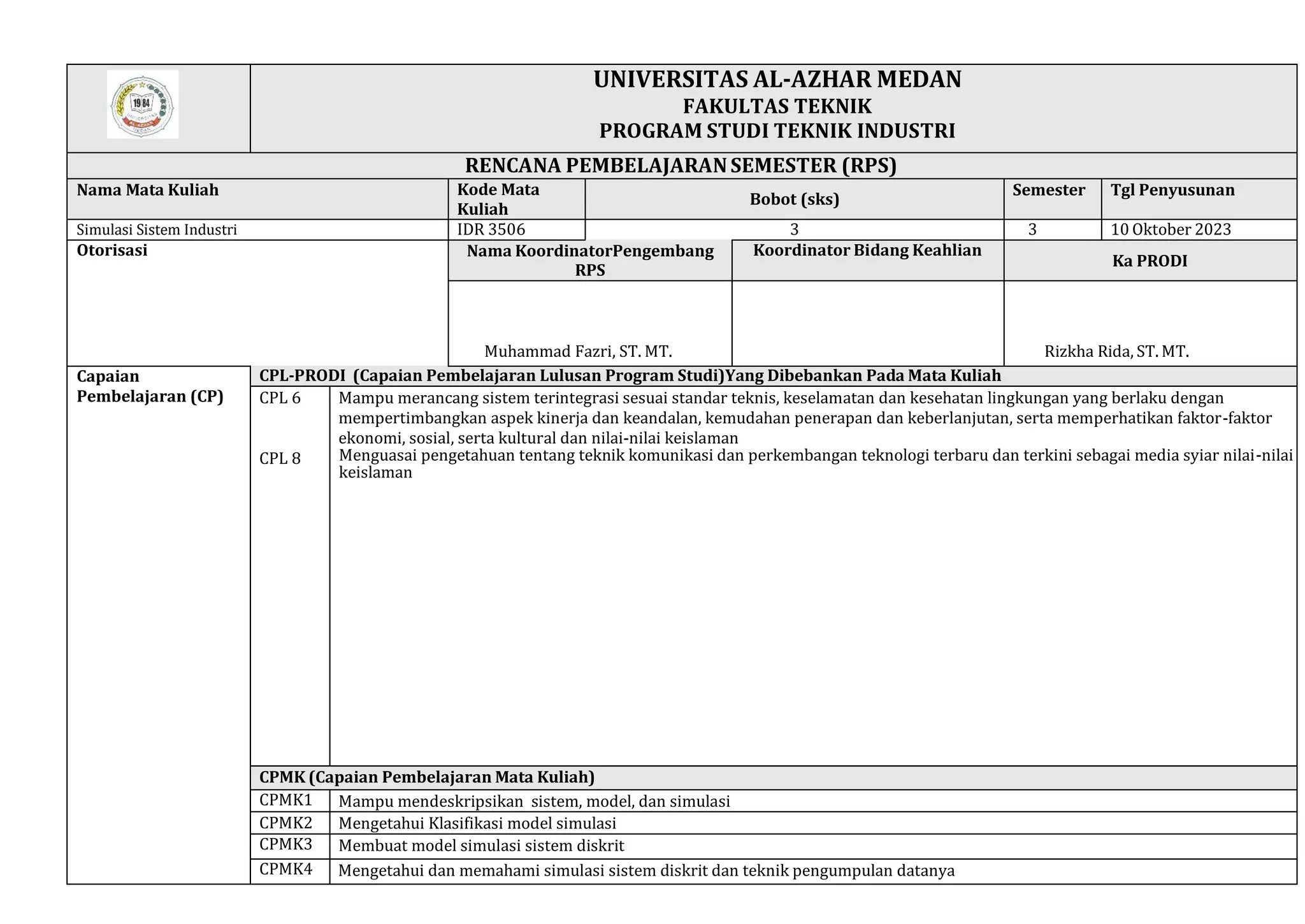 RPS Simulasi Sistem Industri, untuk teknik | PDF