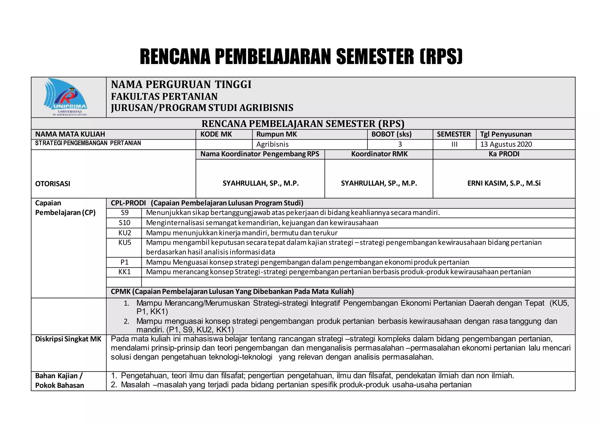 RPS Strategi Pengemb Pertanian, Syahrullah.docx