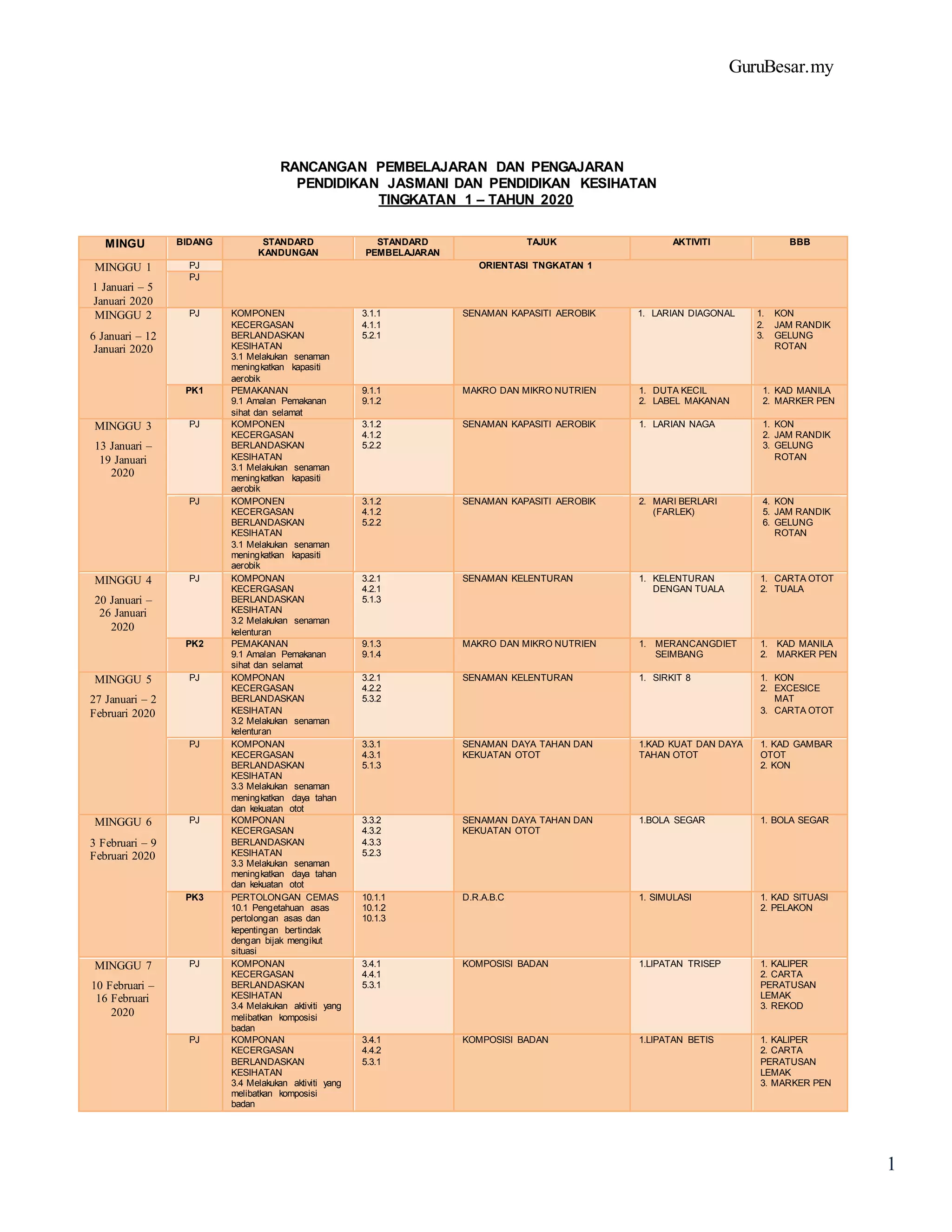 Rpt 2020-pjpk-tingkatan-1-kssm | PDF