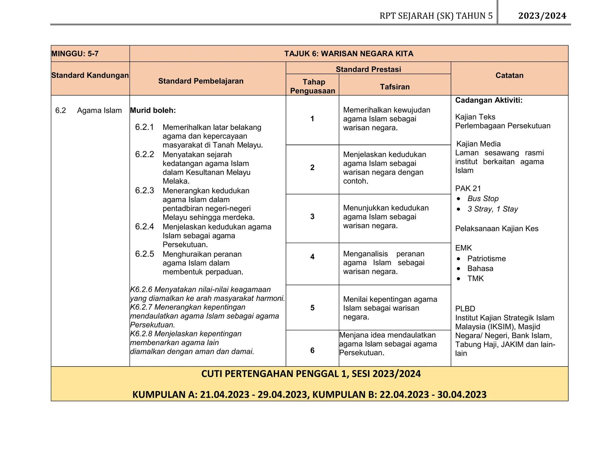 RPT-SEJARAH-THN-5. berdasarkan DSKP terkini. | PPT