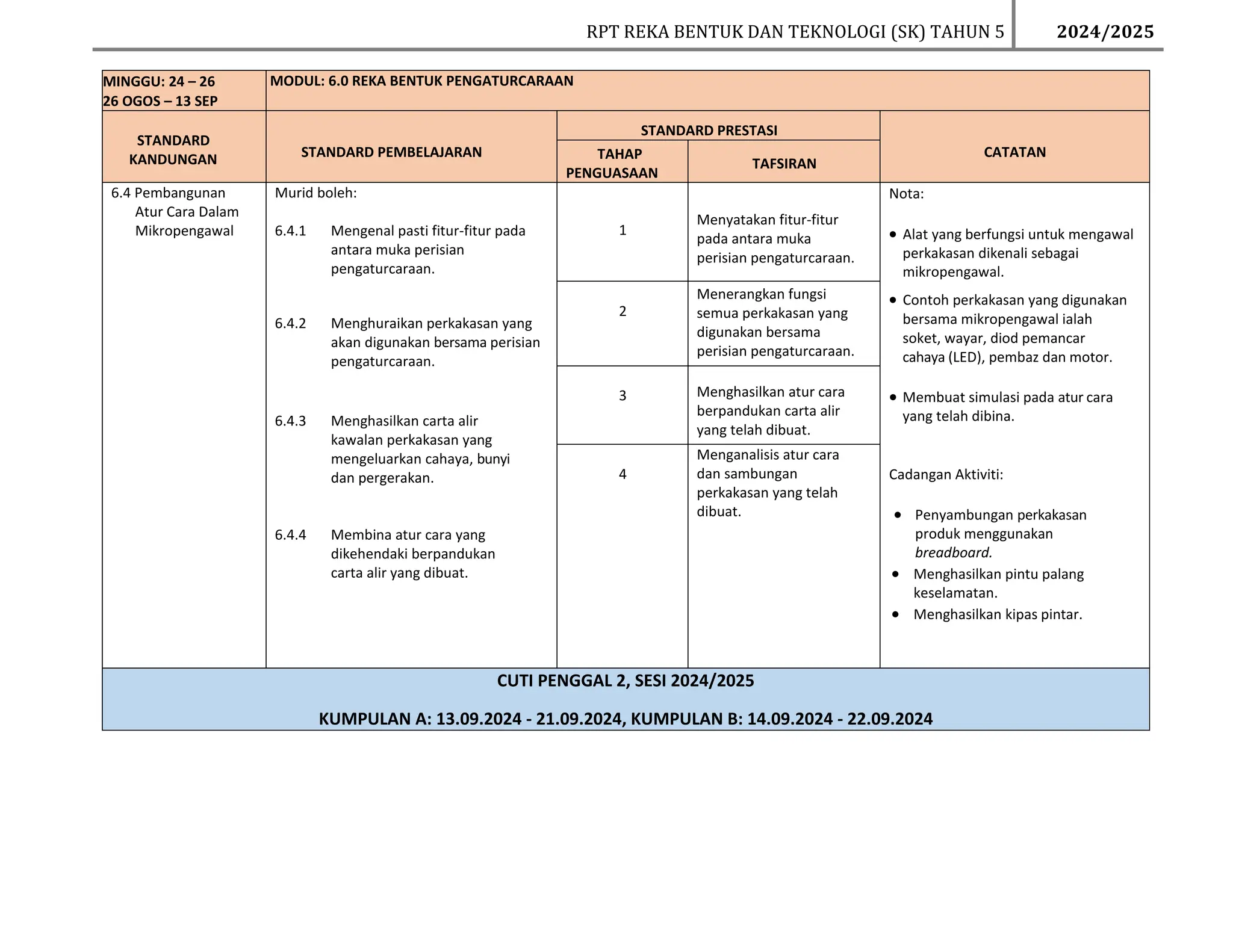 RANCANGAN PENGAJATAN TAHUNAN SEKOLAH RENDAH RBT THN 5 (SK) 2024-2025 | PDF