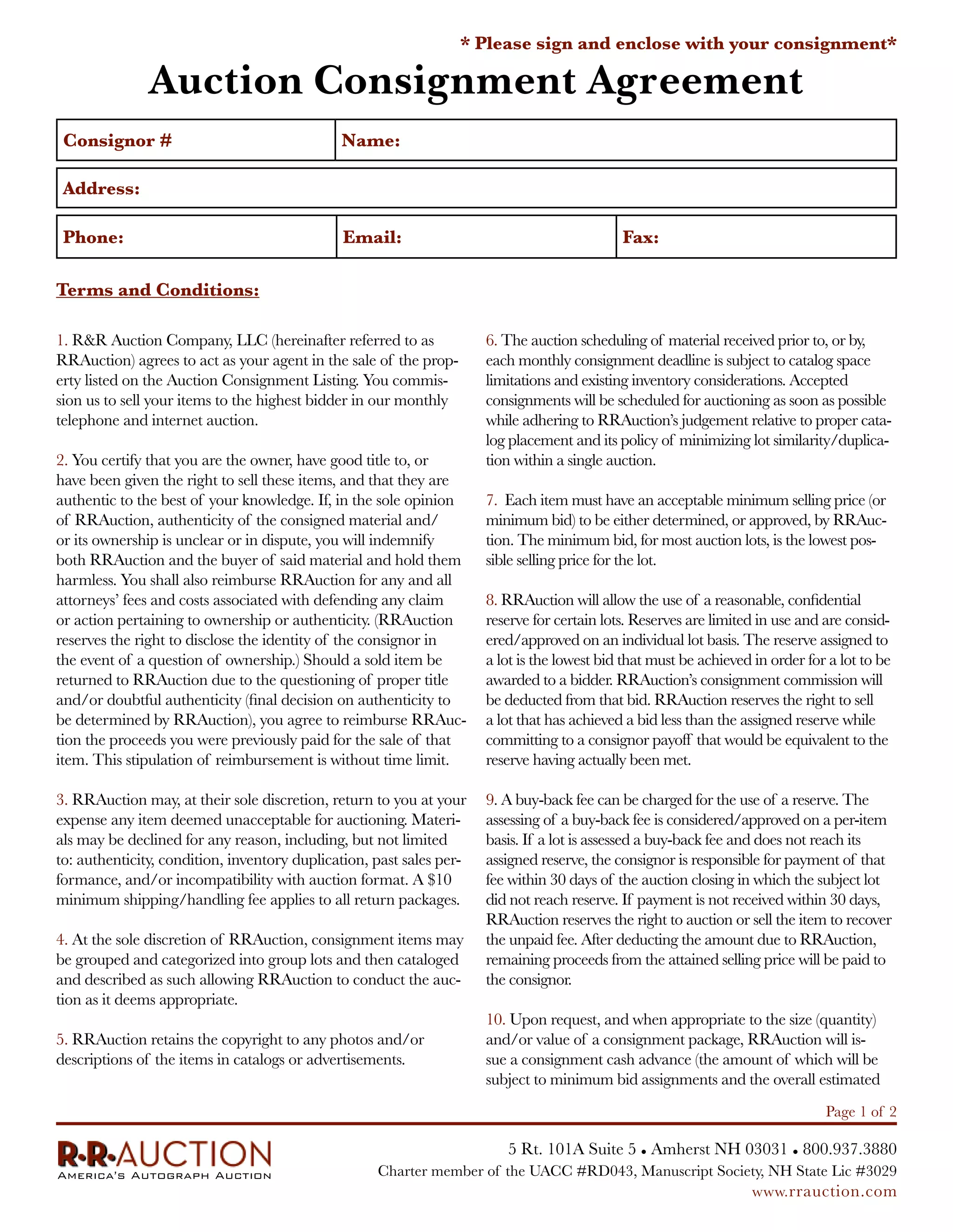 RR Autograph Auction Consignment Agreement | PDF