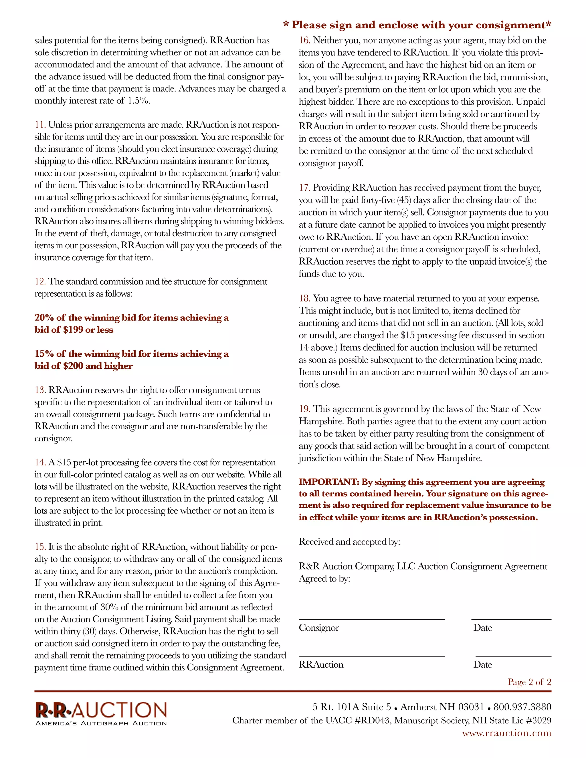 RR Autograph Auction Consignment Agreement | PDF