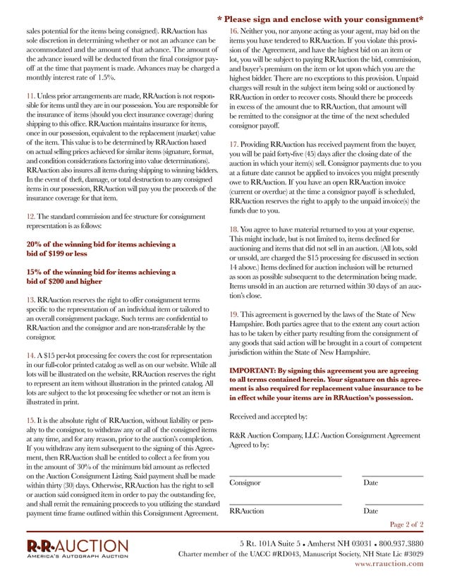 RR Autograph Auction Consignment Agreement | PDF | Insurance | Personal Finance