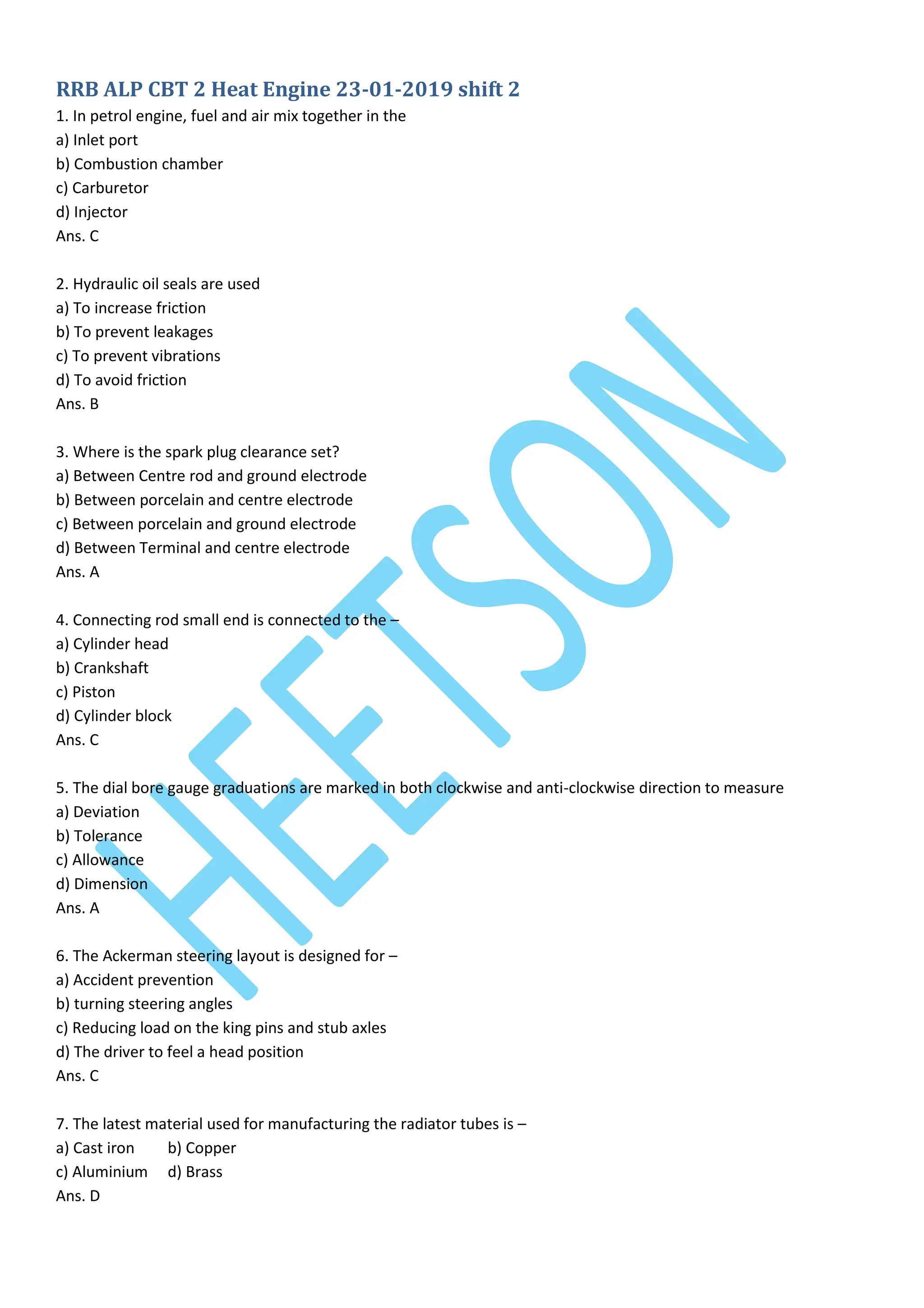 RRB ALP CBT 2 Heat Engine Question Paper MCQ (Railway Assistant Loco ...