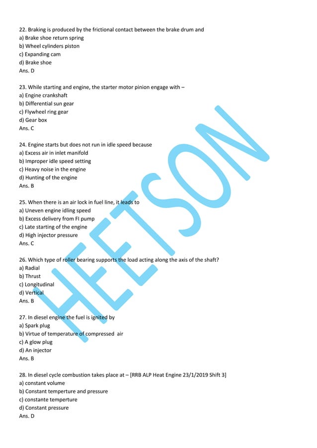 RRB ALP CBT 2 Heat Engine Question Paper MCQ (Railway Assistant Loco ...