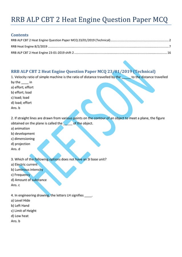 RRB ALP CBT 2 Heat Engine Question Paper MCQ (Railway Assistant Loco ...