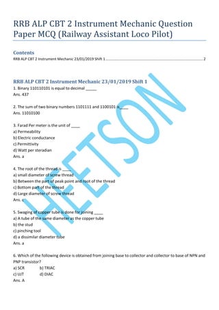 RRB ALP CBT 2 Instrument mechanic Question Paper MCQ (Railway Assistant Loco Pilot) | PDF