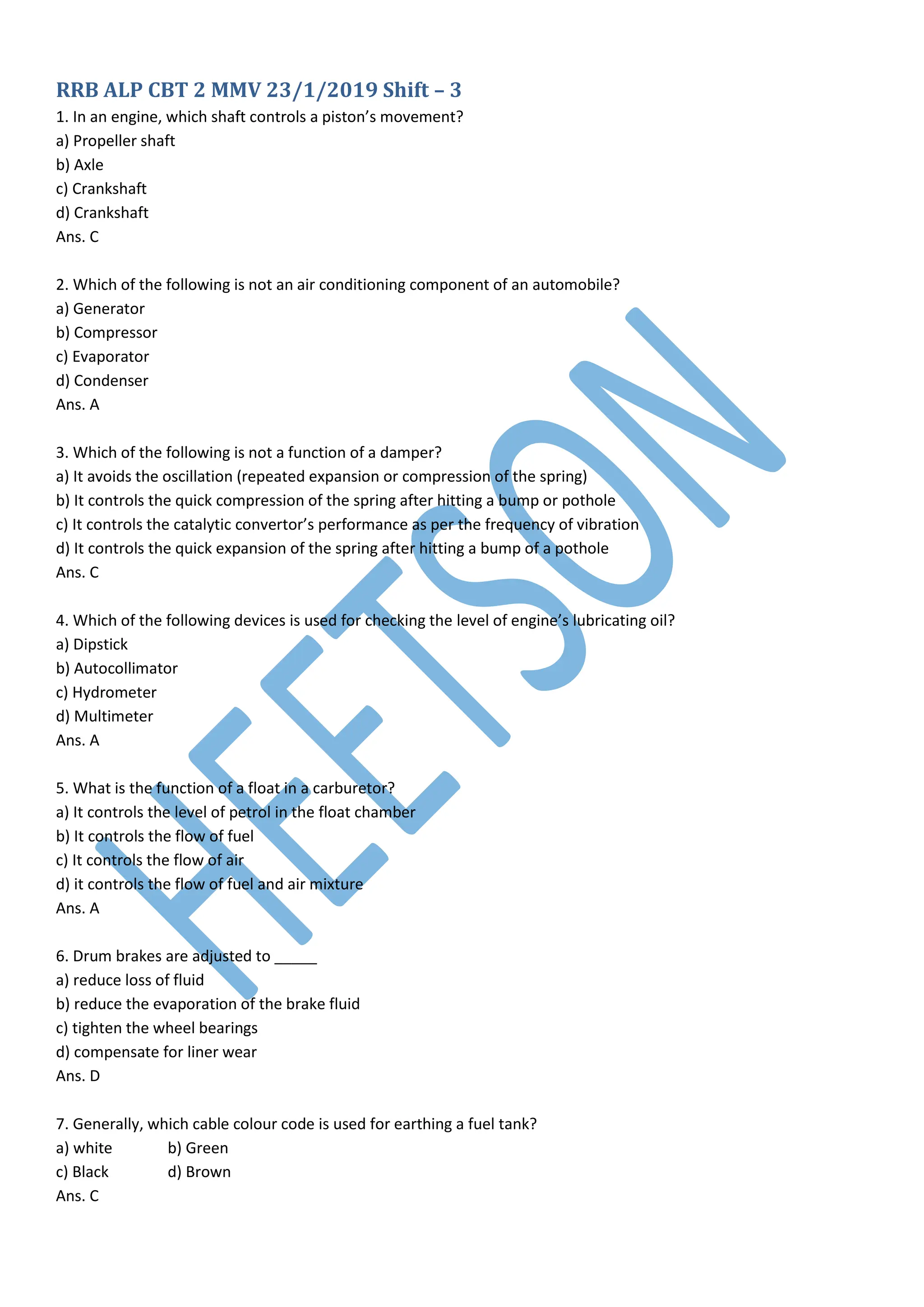 RRB ALP CBT 2 Mechanic Motor Vehicle Question Paper (MMV Exam MCQ) | PDF