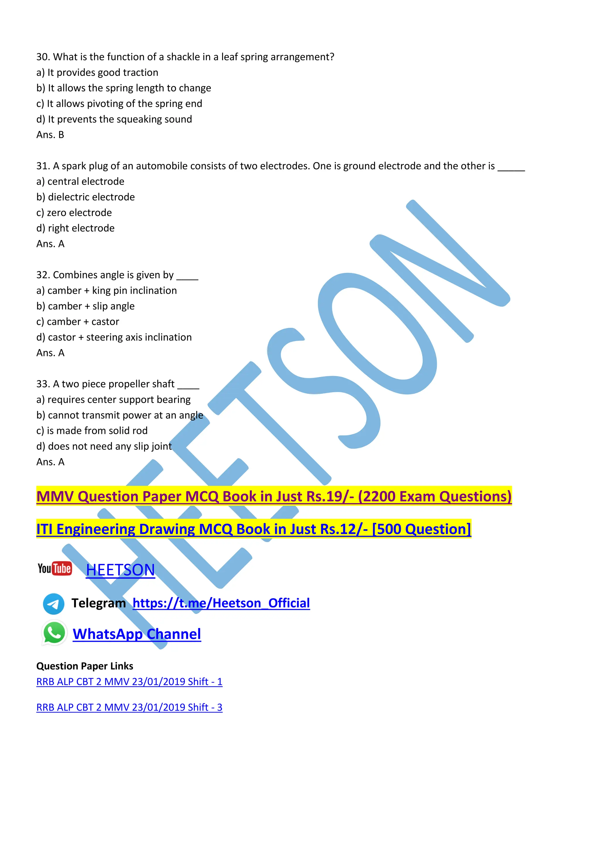 RRB ALP CBT 2 Mechanic Motor Vehicle Question Paper (MMV Exam MCQ) | PDF