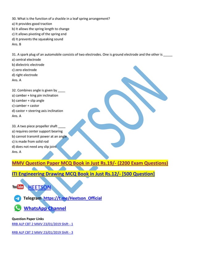 RRB ALP CBT 2 Mechanic Motor Vehicle Question Paper (MMV Exam MCQ) | PDF
