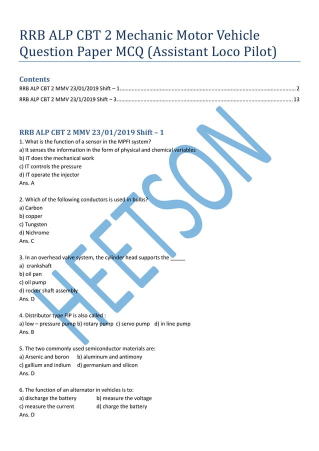 RRB ALP CBT 2 Mechanic Motor Vehicle Question Paper (MMV Exam MCQ) | PDF