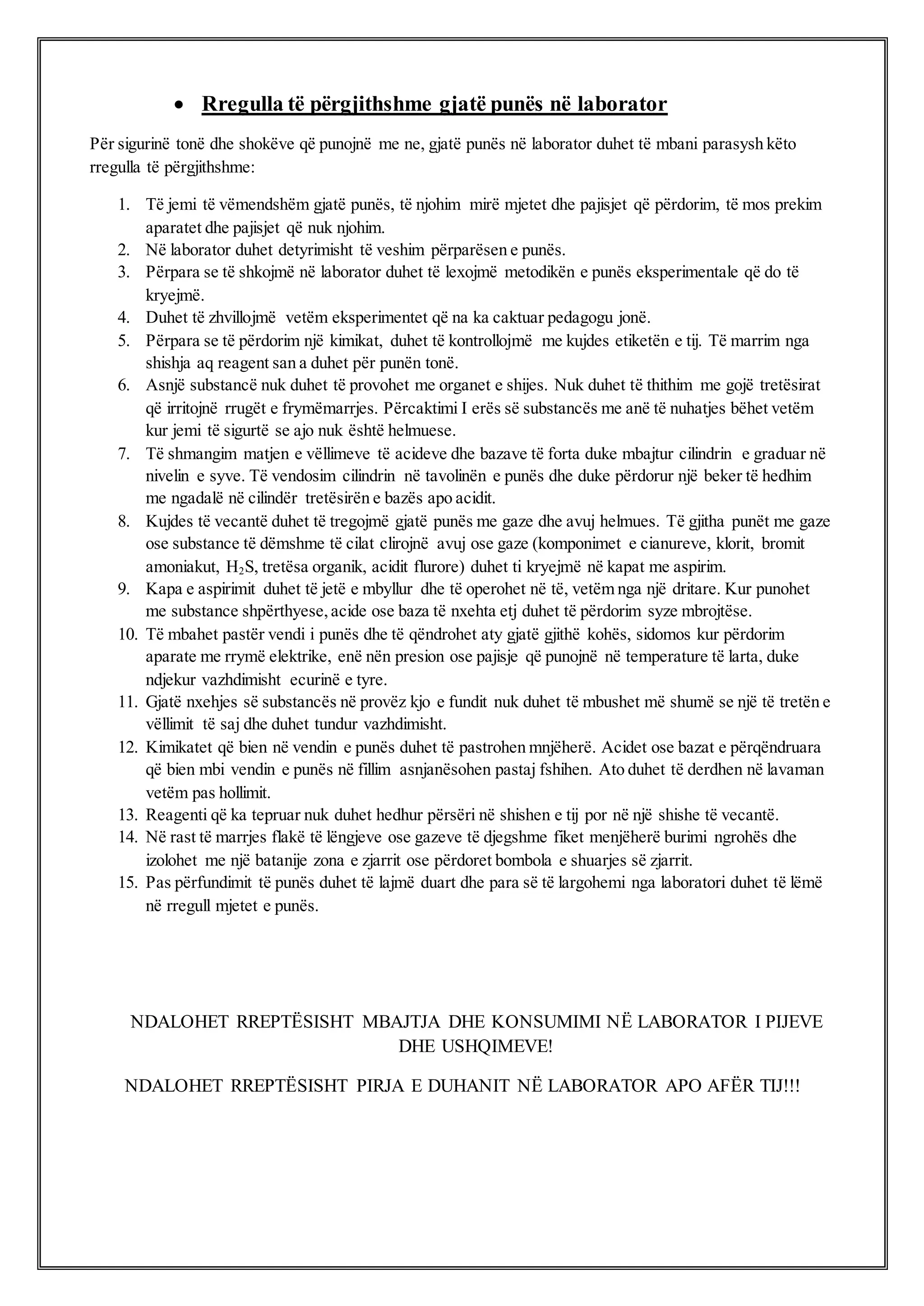 Rregulla të përgjithshme gjatë punës në laborator | DOCX