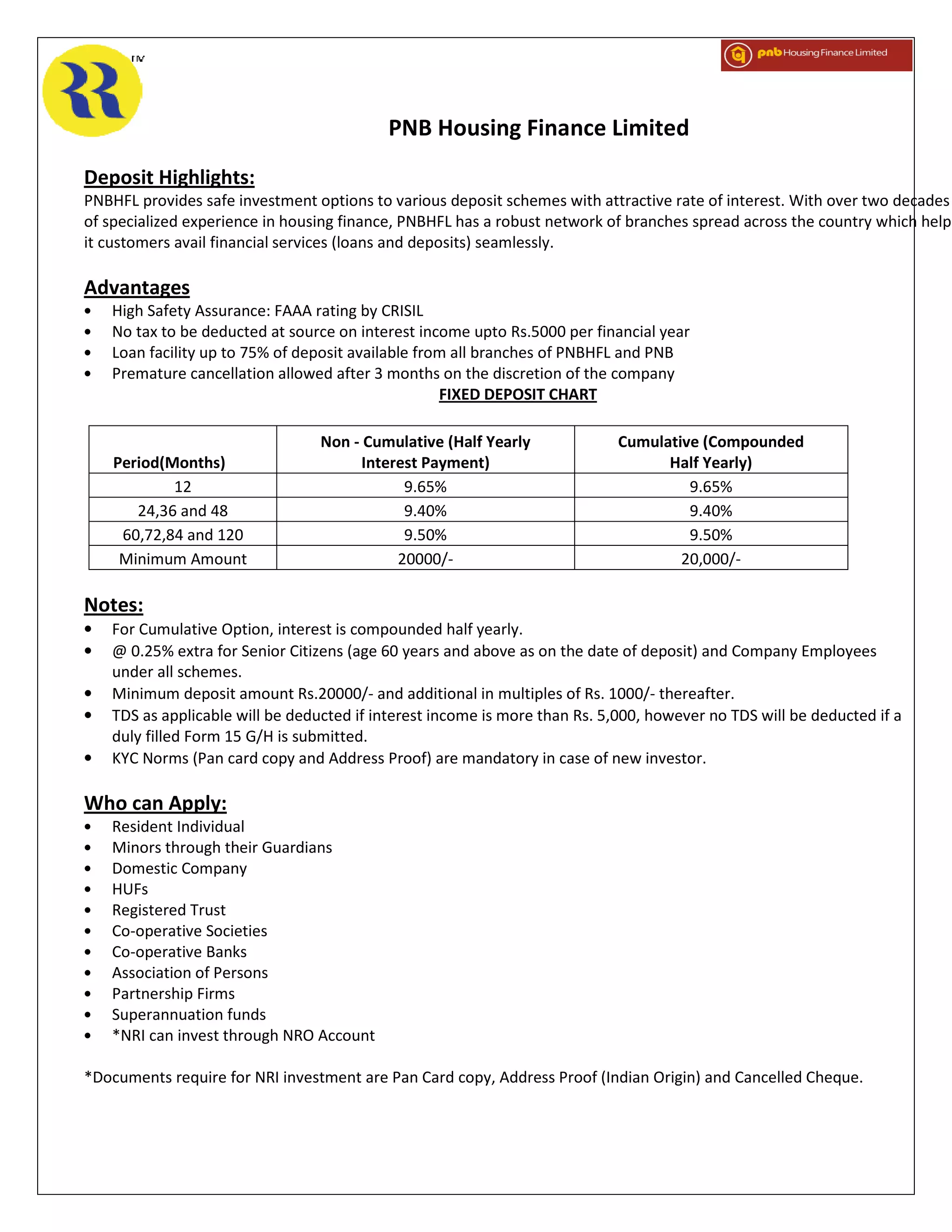 RR Investors offers PNB Housing Fixed Deposits Schemes | PDF