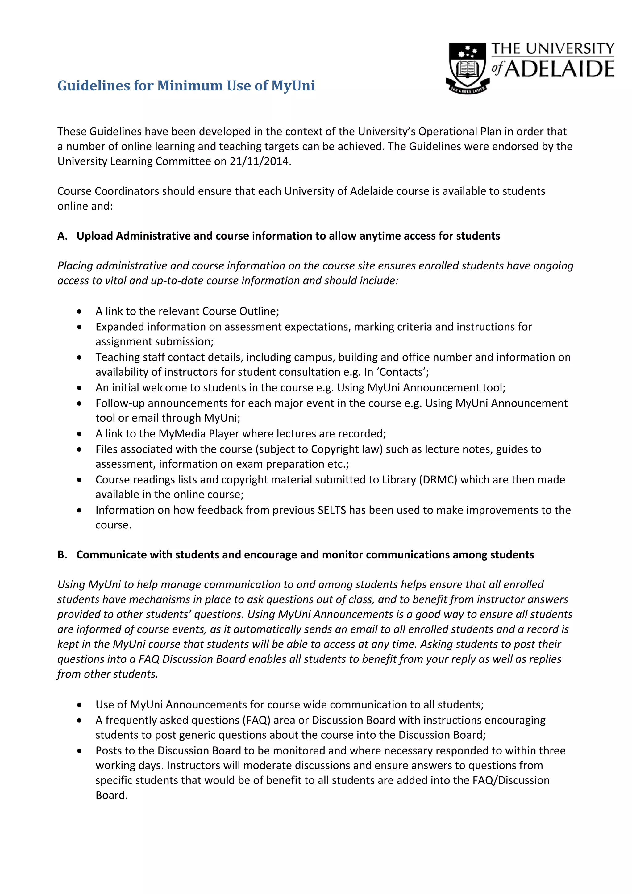 Guidelines for minimum use of MyUni | PDF
