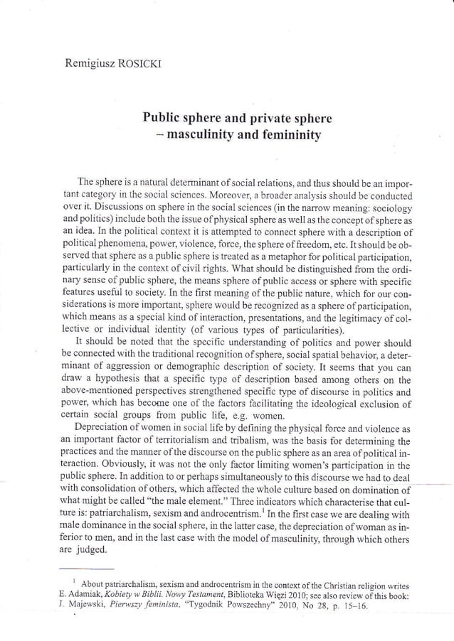 Public sphere and private sphere - masculinity and femininity | PDF