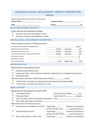 CRRT presciption order | DOC | Blood Disorders | Diseases and Conditions