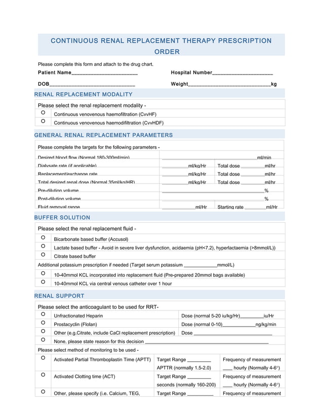 CRRT presciption order | DOC | Blood Disorders | Diseases and Conditions