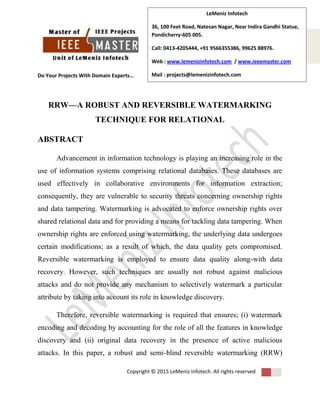 Rrw – a robust and reversible watermarking technique for relational data | PDF