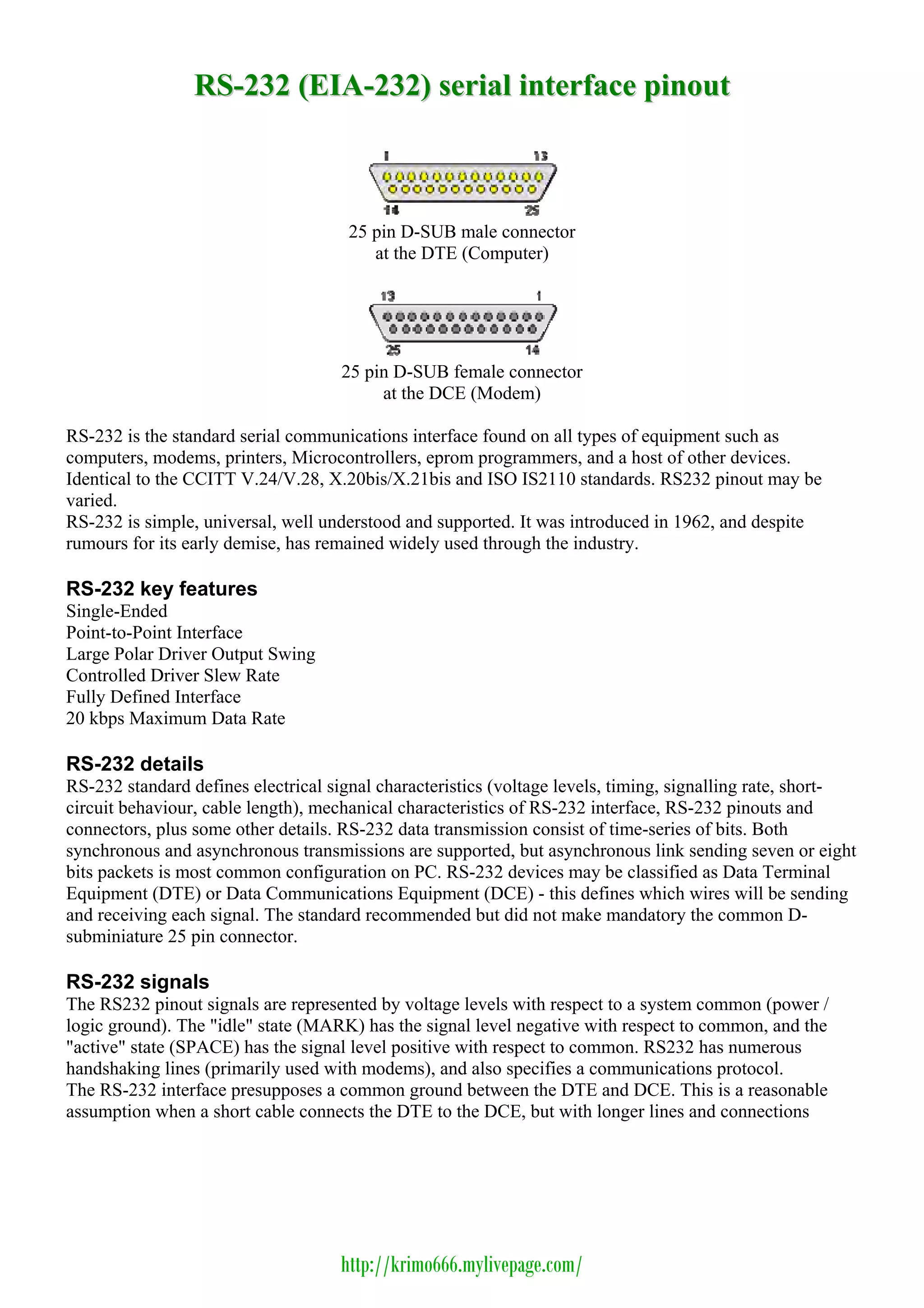 Rs 232 Eia 232 Serial Interface Pinout | PDF
