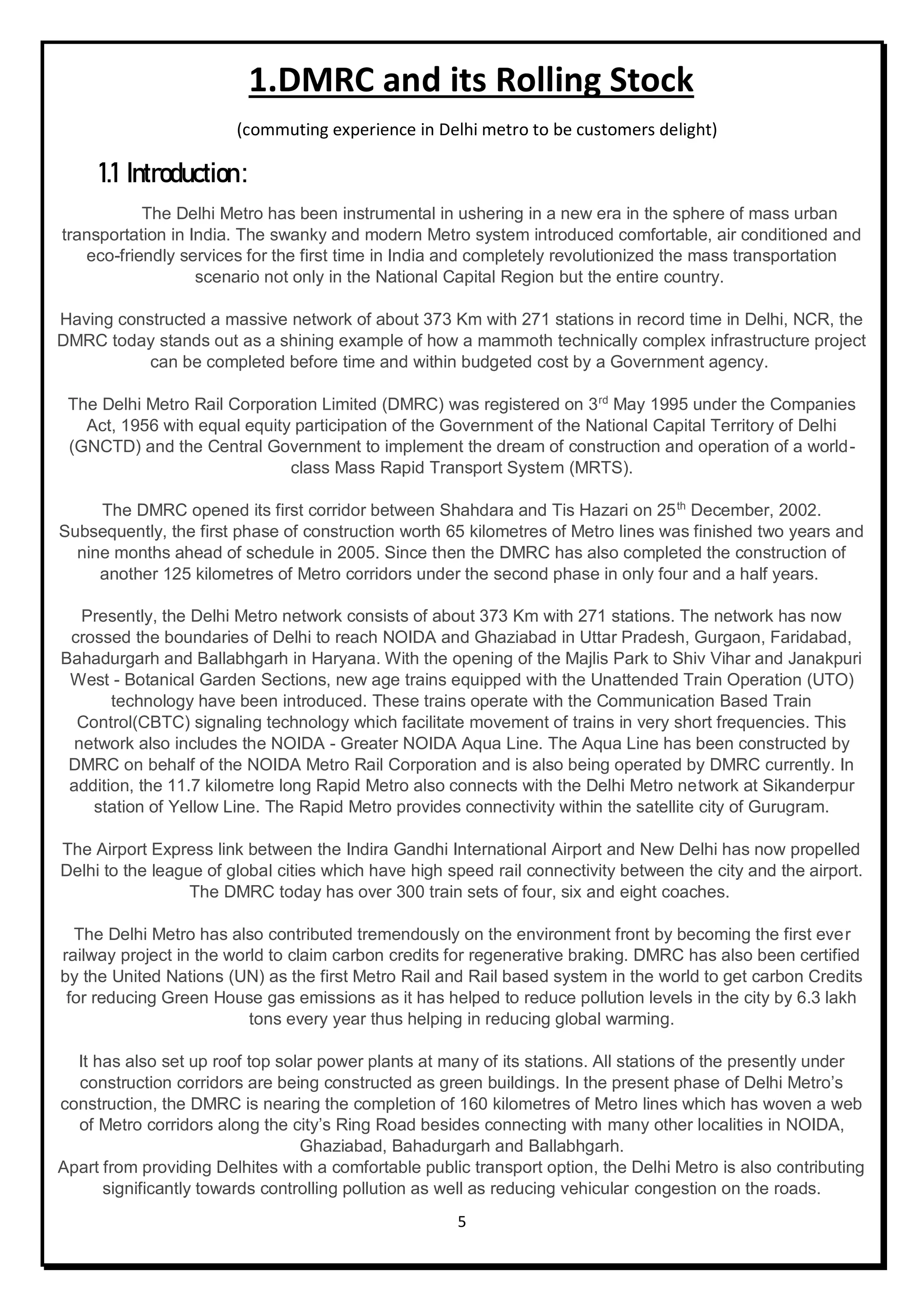 Summer Internship Report on DMRC Rolling Stock | PDF