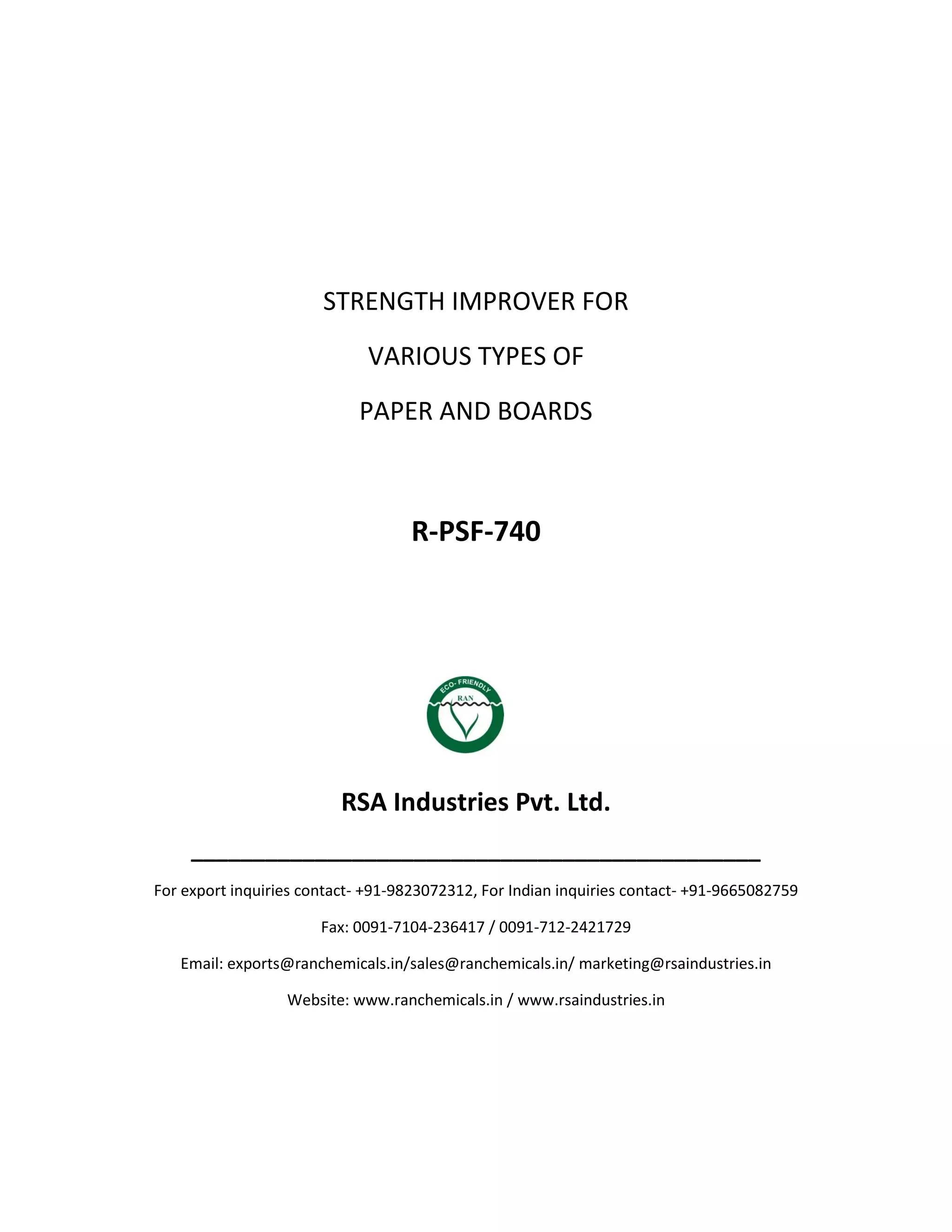 RAN Chemicals - Products - Paper - R-PSF-740 – Dry Strength Additive | PDF