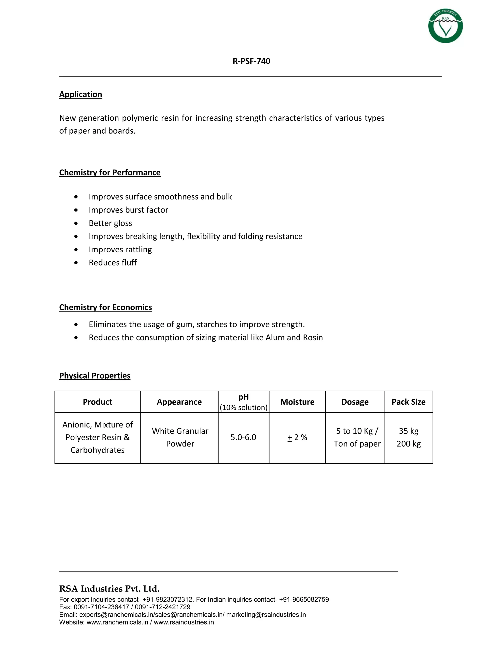 RAN Chemicals - Products - Paper - R-PSF-740 – Dry Strength Additive | PDF