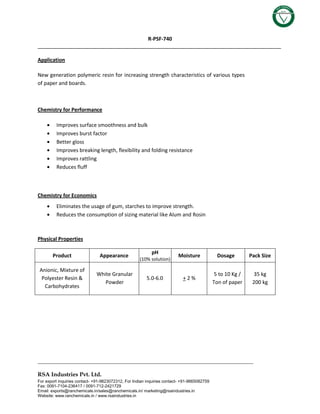RAN Chemicals - Products - Paper - R-PSF-740 – Dry Strength Additive | PDF