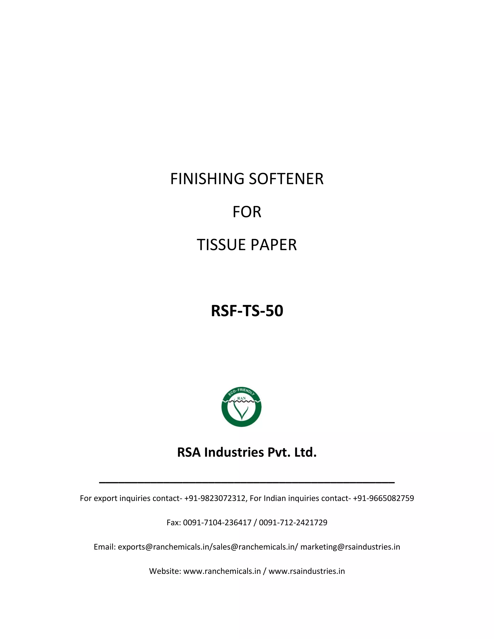 RSA Industries, India - Products - Paper Chemicals - Tissue Softener ...