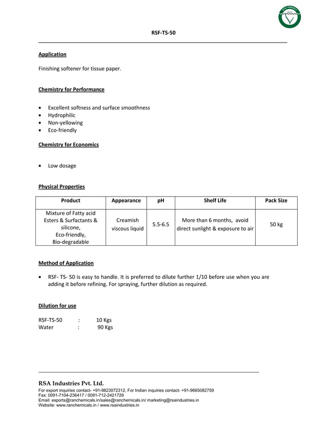 RSA Industries, India - Products - Paper Chemicals - Tissue Softener ...