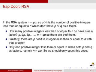 Modular Arithmetic and Trap Door Ciphers | PPT
