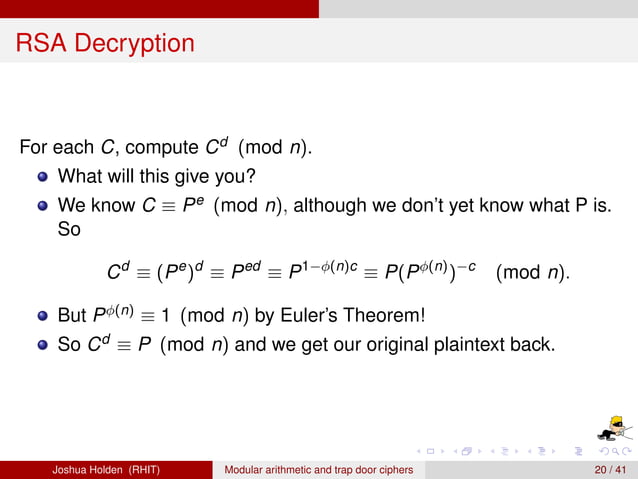 Modular Arithmetic and Trap Door Ciphers | PPT